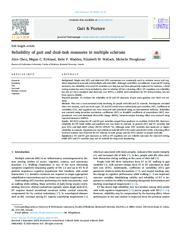 (PDF) Reliability of gait and dual-task measures in multiple sclerosis