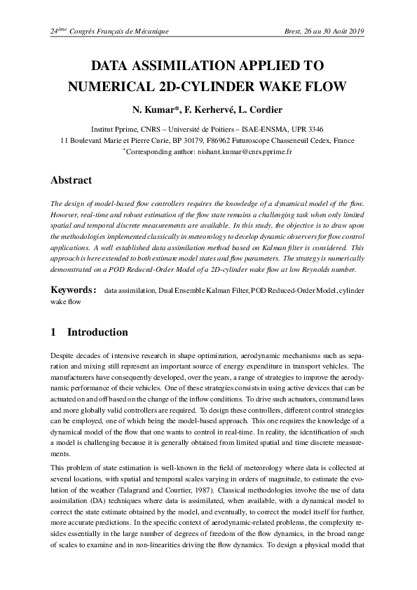 (PDF) Data Assimilation applied to a numerical 2D cylinder wake flow