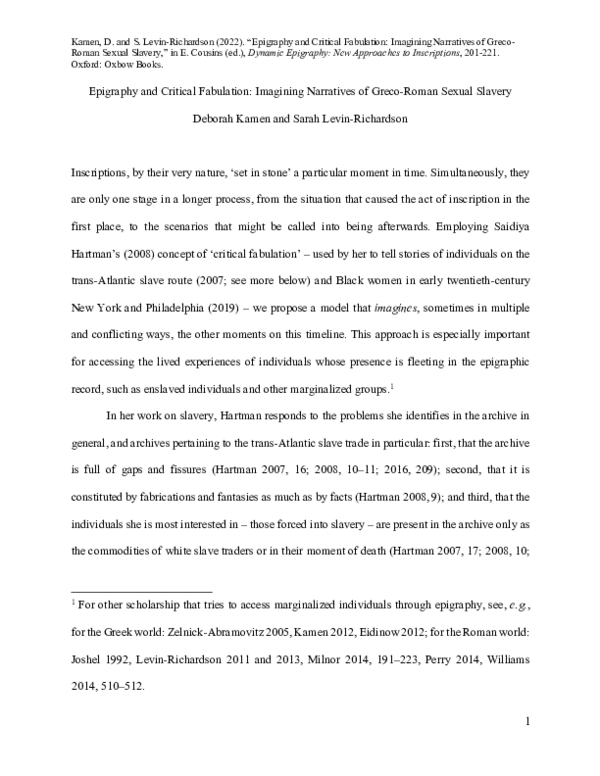 (PDF) Epigraphy and Critical Fabulation: Imagining Narratives of Greco ...