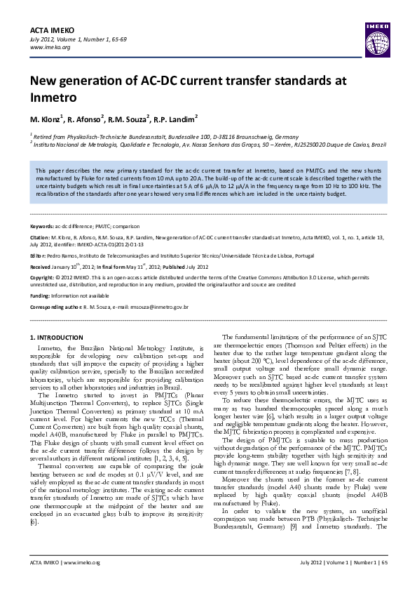 (PDF) New generation of AC-DC Current Transfer Standards at Inmetro