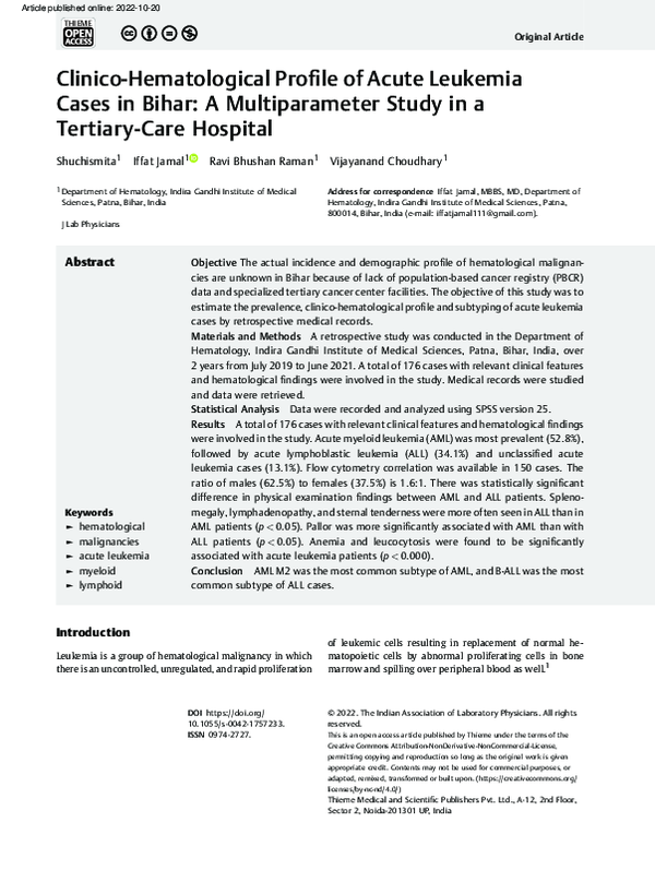 (PDF) Clinico-Hematological Profile of Acute Leukemia Cases in Bihar: A ...