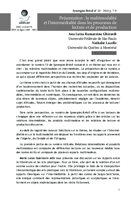 (PDF) Présentation : la multimodalité et l'intermédialité dans les processus de lecture et de ...