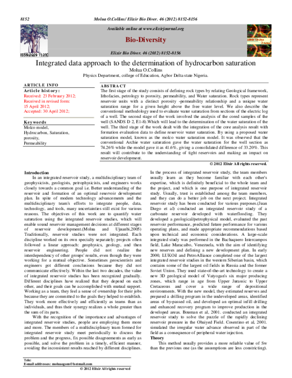 Pdf Integrated Data Approach To The Determination Of Hydrocarbon Saturation Collins Molua