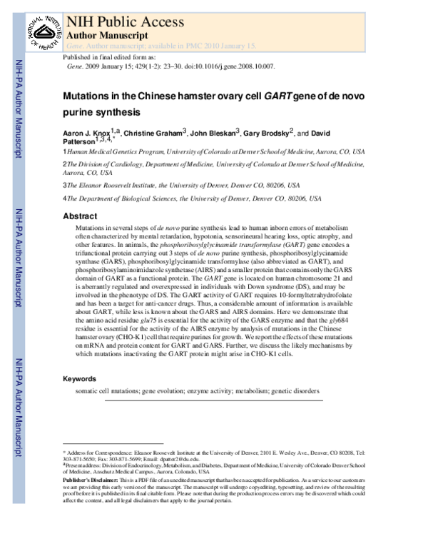 (PDF) Mutations in the Chinese hamster ovary cell GART gene of de novo ...