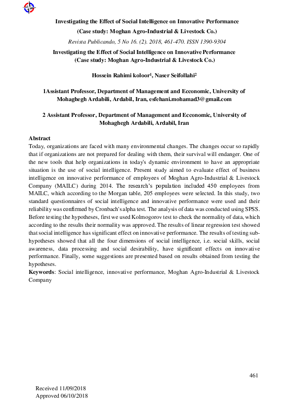 (PDF) Investigating the Effect of Social Intelligence on Innovative Performance (Case study ...