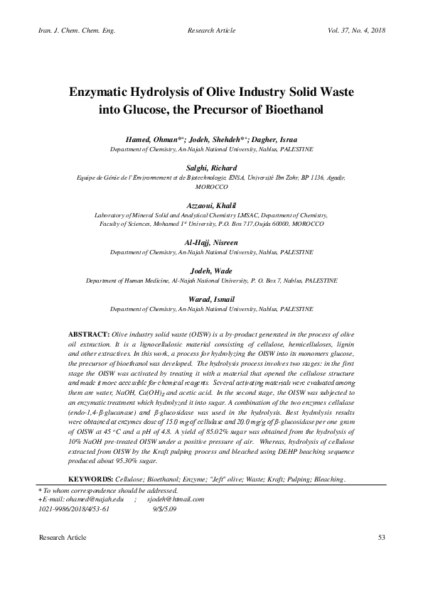 (PDF) Enzymatic Hydrolysis Of Olive Industry Solid Waste Into Glucose ...