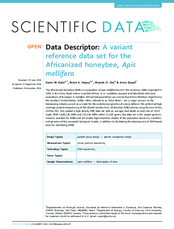 (PDF) A variant reference data set for the Africanized honeybee, Apis ...