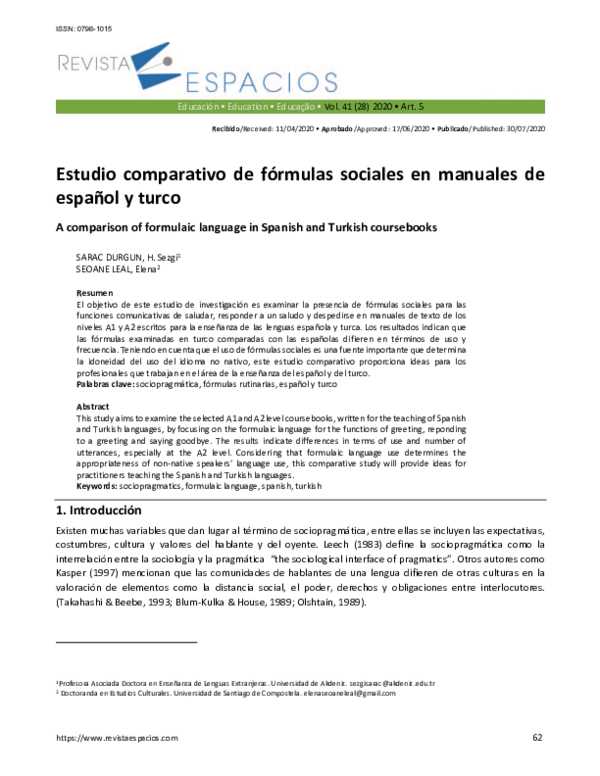 (PDF) Estudio comparativo de fórmulas sociales en manuales de español y ...