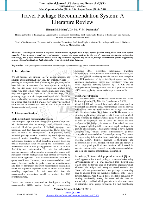 (PDF) Travel Package Recommendation System: A Literature Review