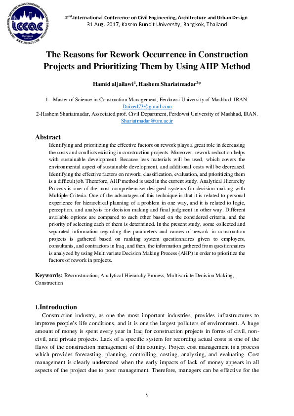 (PDF) The Reasons for Rework Occurrence in Construction Projects and ...