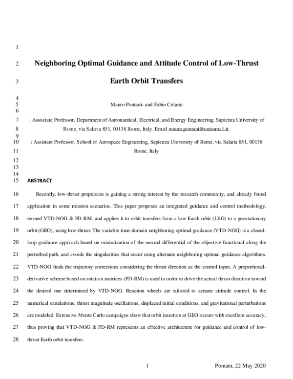 (PDF) Neighboring Optimal Guidance and Attitude Control of Low-Thrust Earth Orbit Transfers