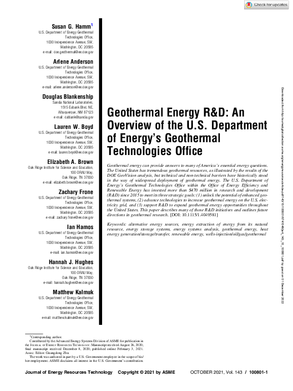 (PDF) Geothermal Energy R&D: An Overview of the U.S. Department of ...