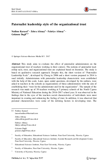 (PDF) Paternalist leadership style of the organizational trust
