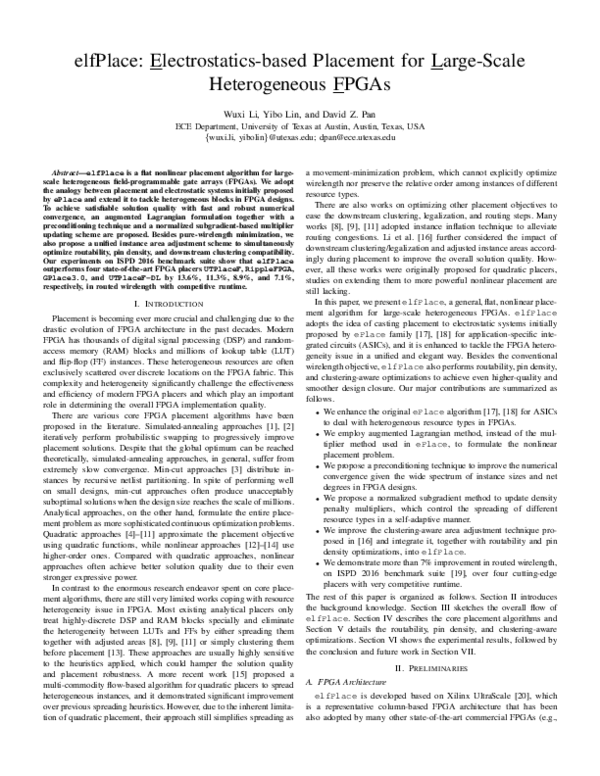 (PDF) elfPlace: Electrostatics-based Placement for Large-Scale Heterogeneous FPGAs