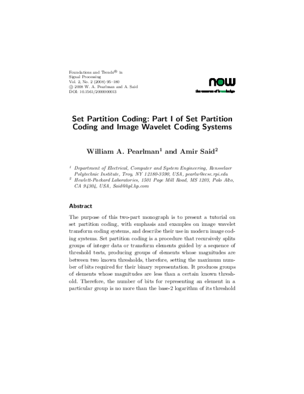 (PDF) Set Partition Coding: Part I of Set Partition Coding and Image Wavelet Coding Systems