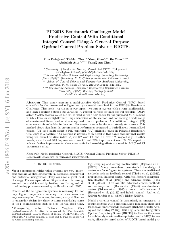 Pdf Pid2018 Benchmark Challenge Model Predictive Control With Conditional Integral Control