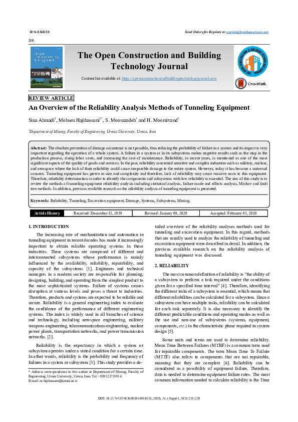 (PDF) An Overview of the Reliability Analysis Methods of Tunneling Equipment