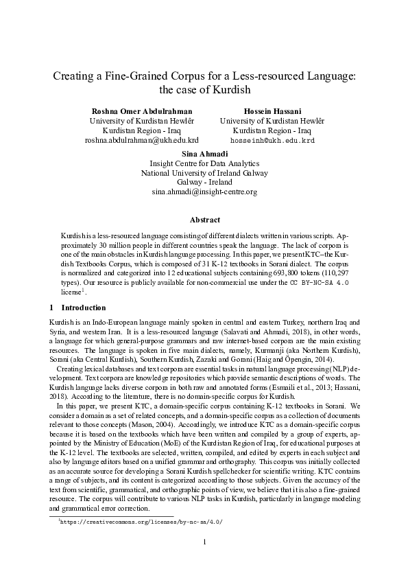 (PDF) Developing a Fine-grained Corpus for a Less-resourced Language: the case of Kurdish