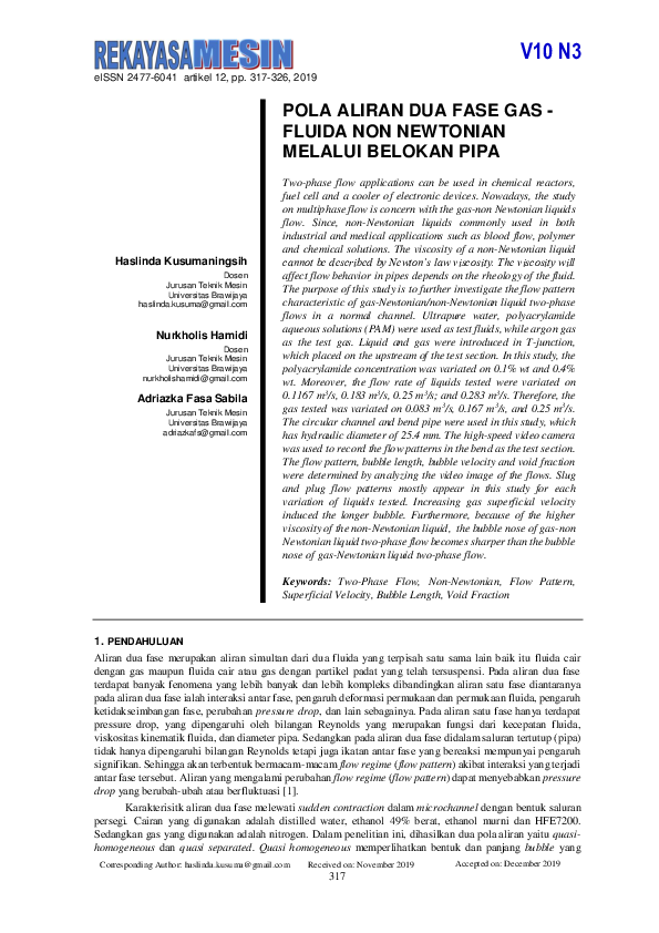 (PDF) Pola Aliran Dua Fase Gas - Fluida Non Newtonian Melalui Belokan Pipa
