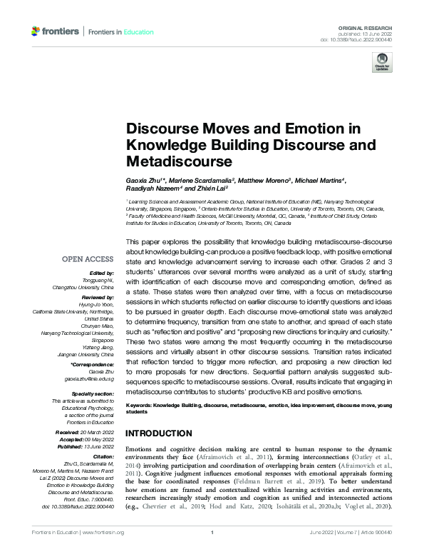Pdf Discourse Moves And Emotion In Knowledge Building Discourse And Metadiscourse Zhixin Lai 0922