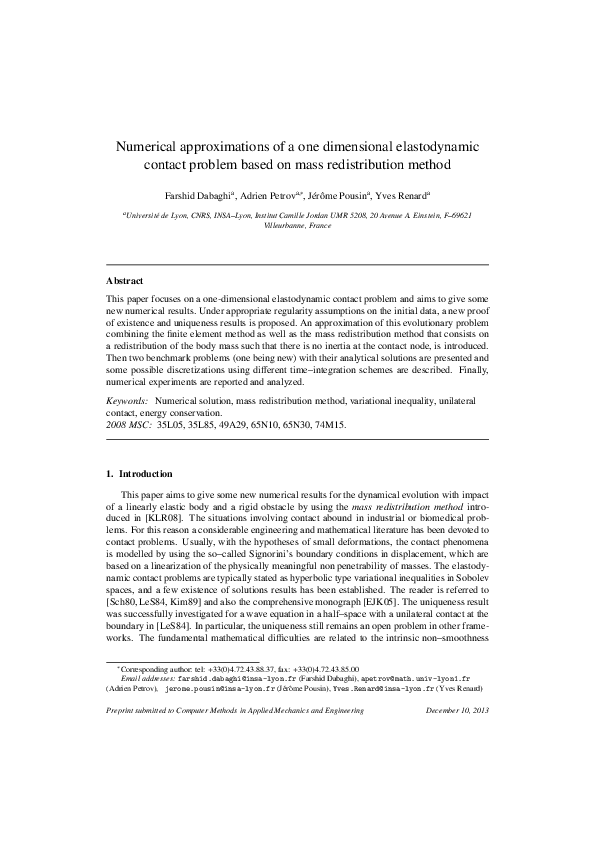 (PDF) Numerical approximations of a one dimensional elastodynamic contact problem based on mass ...