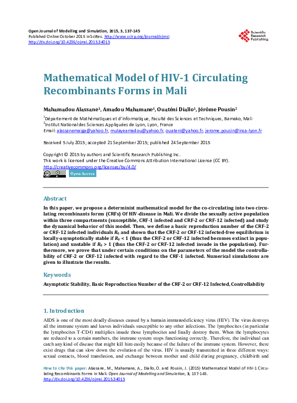 (PDF) Mathematical Model of HIV-1 Circulating Recombinants Forms in Mali