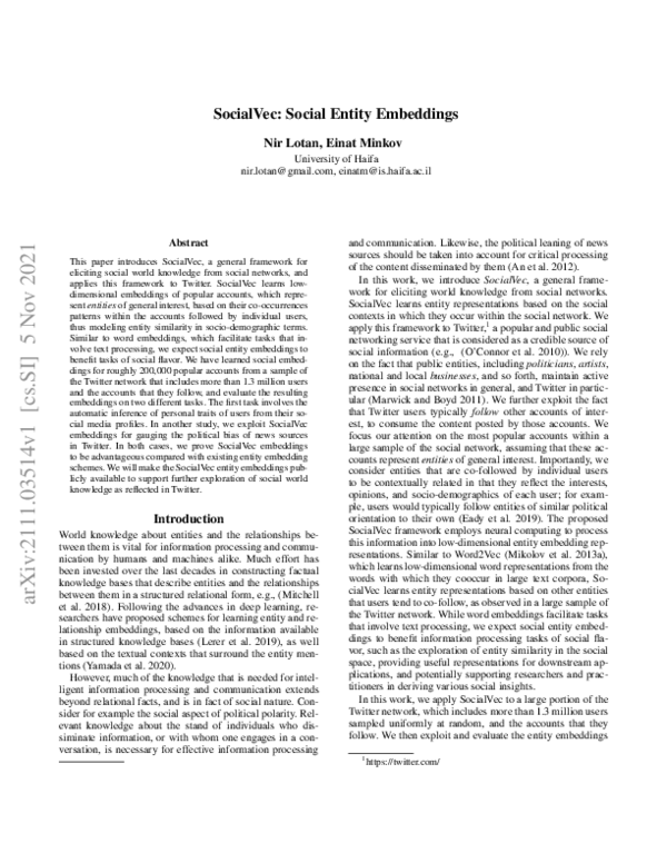 (PDF) SocialVec: Social Entity Embeddings | Einat Minkov - Academia.edu