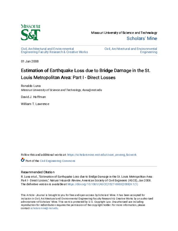 (PDF) Estimation of Earthquake Loss due to Bridge Damage in the St. Louis Metropolitan Area. I ...