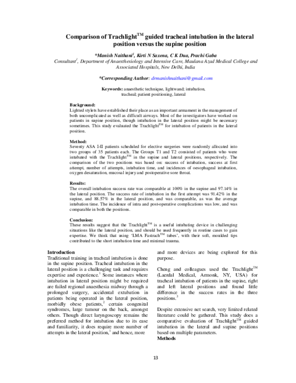 (PDF) Comparison of Trachlight TM guided tracheal intubation in the ...