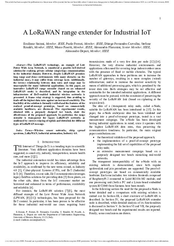 (PDF) LoRaWAN Range Extender for Industrial IoT