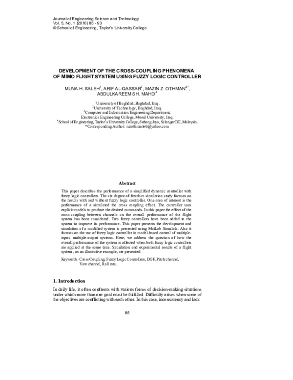 Pdf Development Of The Cross Coupling Phenomena Of Mimo Flight System Using Fuzzy Logic Controller