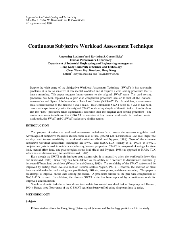 (PDF) Improved Continuous Assessment for Subjective Workload