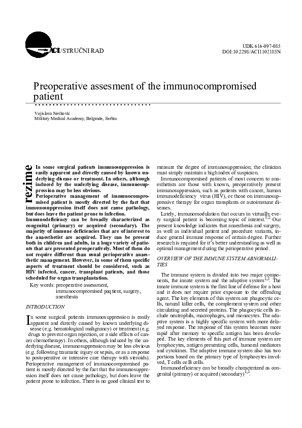 (PDF) Preoperative assessment of the immunocompromised patient