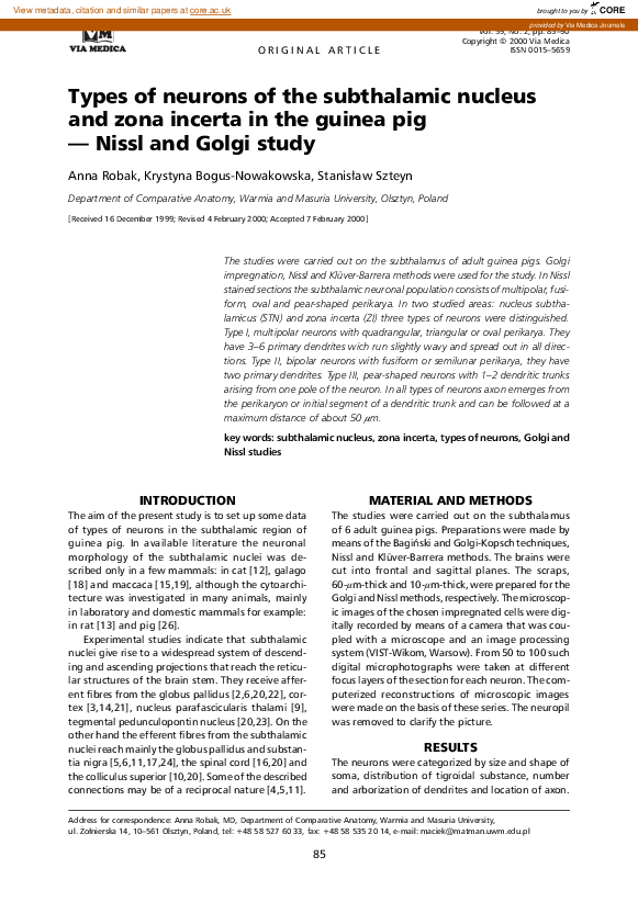 (PDF) Types of neurons of the subthalamic nucleus and zona incerta in ...