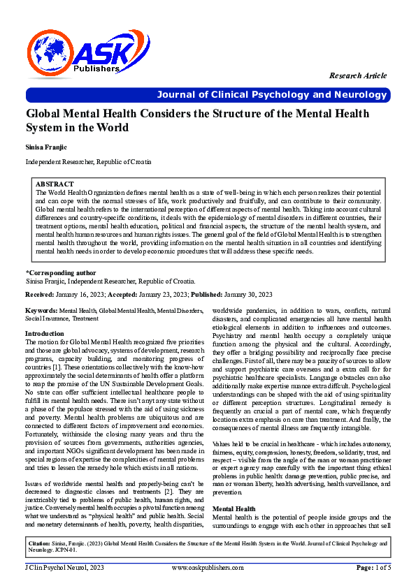 (PDF) Global Mental Health Considers the Structure of the Mental Health ...