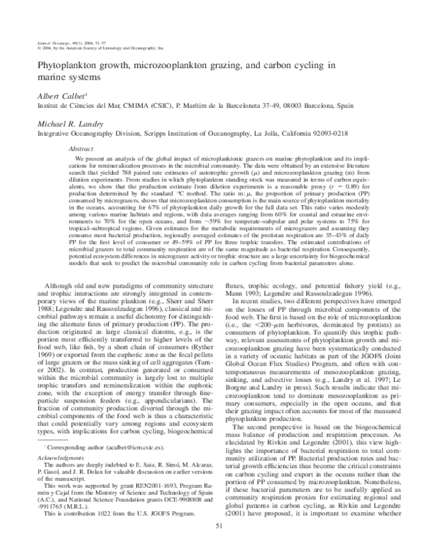 (PDF) Phytoplankton growth, microzooplankton grazing, and carbon cycling in marine systems
