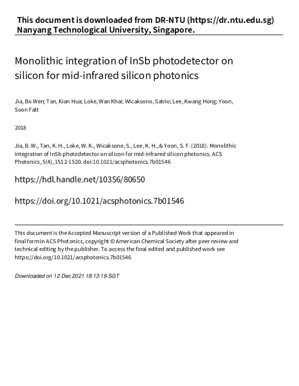 (PDF) Monolithic Integration of InSb Photodetector on Silicon for Mid ...