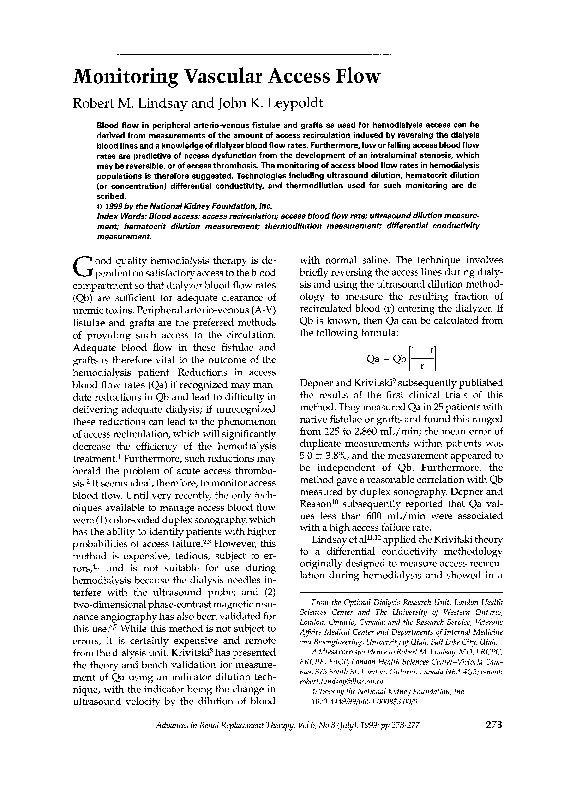 (PDF) Monitoring Vascular Access Flow