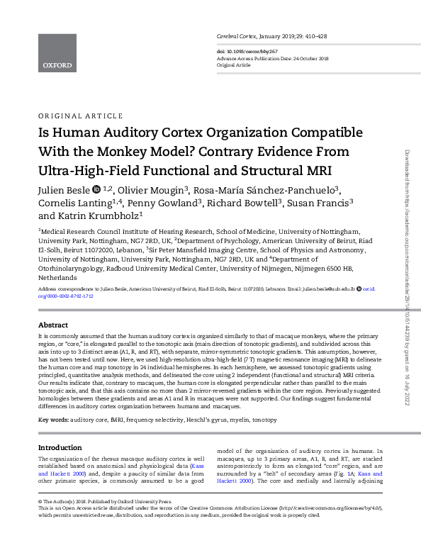 (PDF) Is Human Auditory Cortex Organization Compatible With the Monkey ...