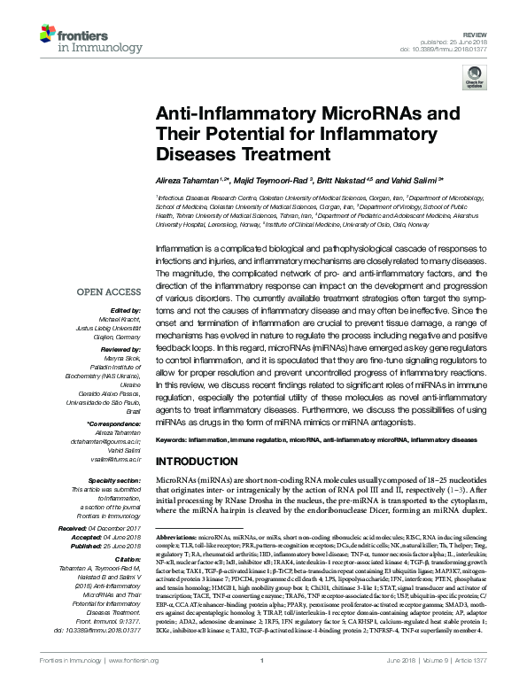 (PDF) Anti-Inflammatory MicroRNAs and Their Potential for Inflammatory ...