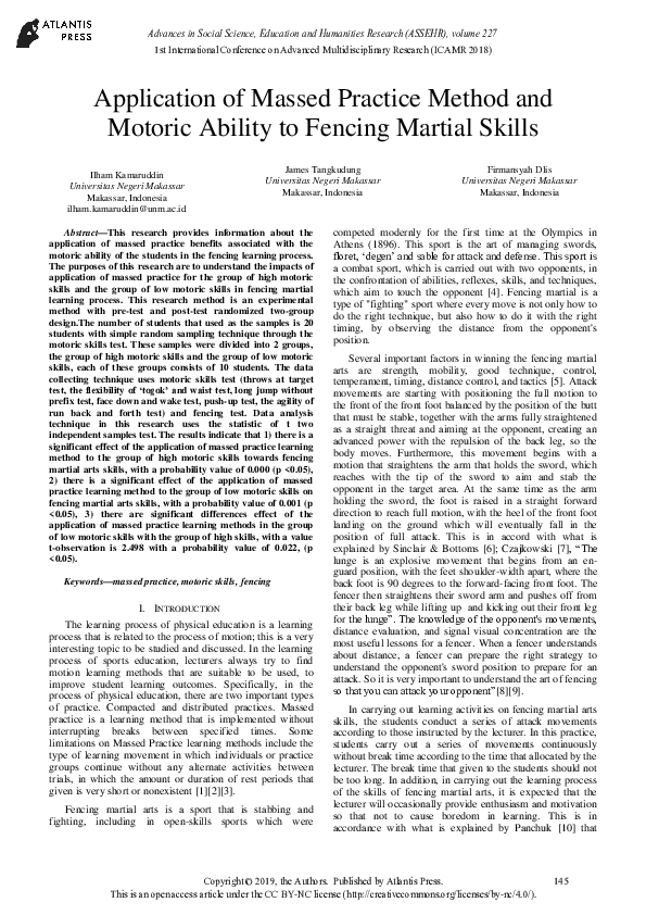 (PDF) Application of Massed Practice Method and Motoric Ability to Fencing Martial Skills