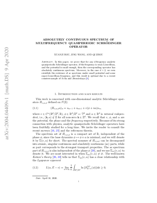 (PDF) Absolutely continuous spectrum of multifrequency quasiperiodic Schrödinger operator