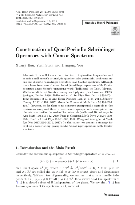 Pdf Construction Of Quasiperiodic Schrödinger Operators With Cantor Spectrum