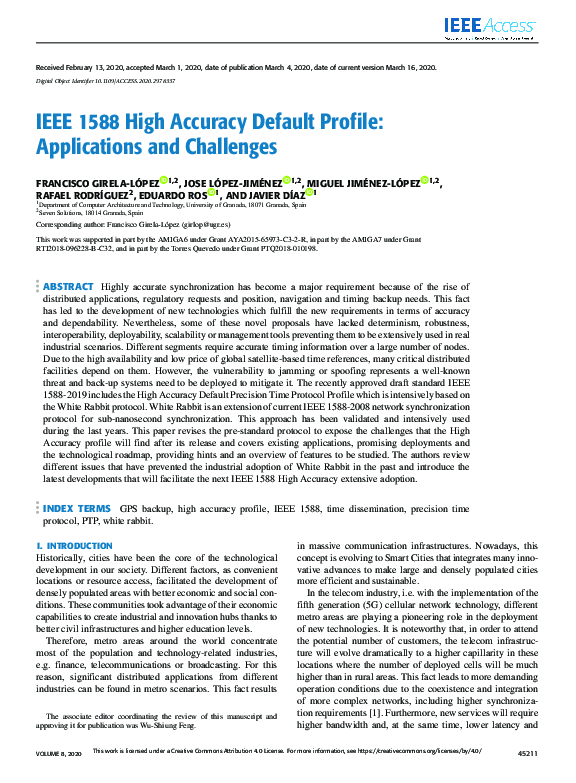 (PDF) IEEE 1588 High Accuracy Default Profile: Applications and Challenges