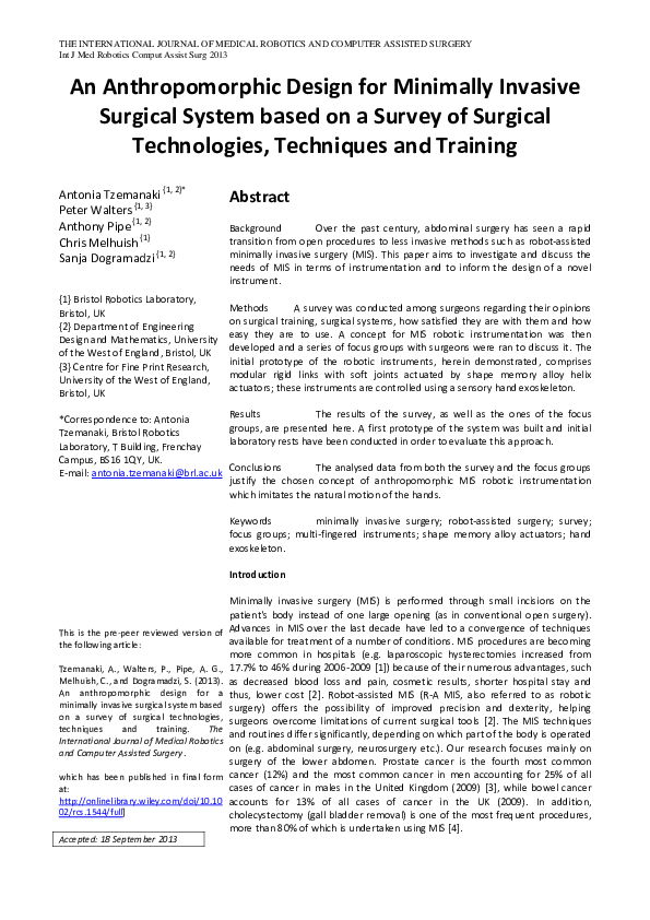 (PDF) An anthropomorphic design for a minimally invasive surgical ...
