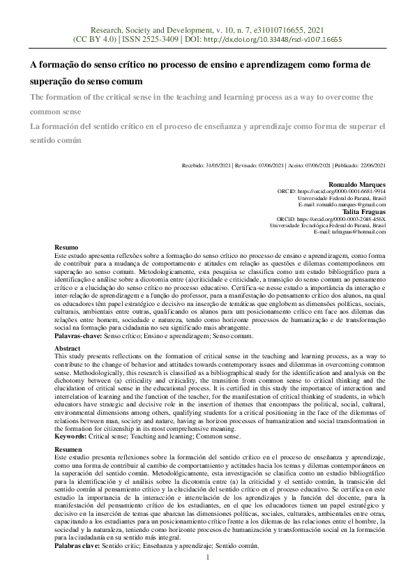 (PDF) A formação do senso crítico no processo de ensino e aprendizagem ...