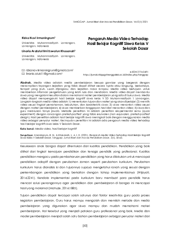 (PDF) Pengaruh Media Video Terhadap Hasil Belajar Kognitif Siswa Kelas V Sekolah Dasar | Rizka ...