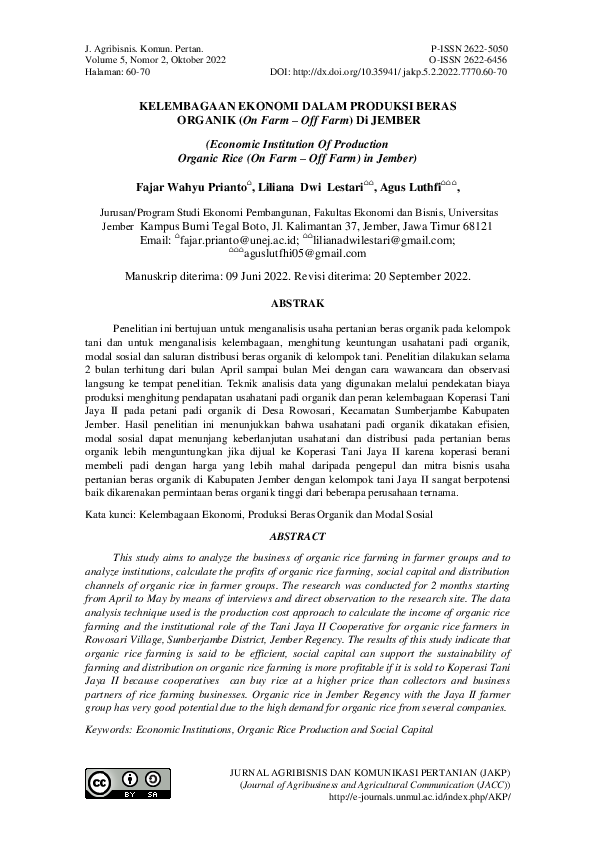 (PDF) KELEMBAGAAN EKONOMI DALAM PRODUKSI BERAS ORGANIK (On Farm – Off Farm) Di JEMBER