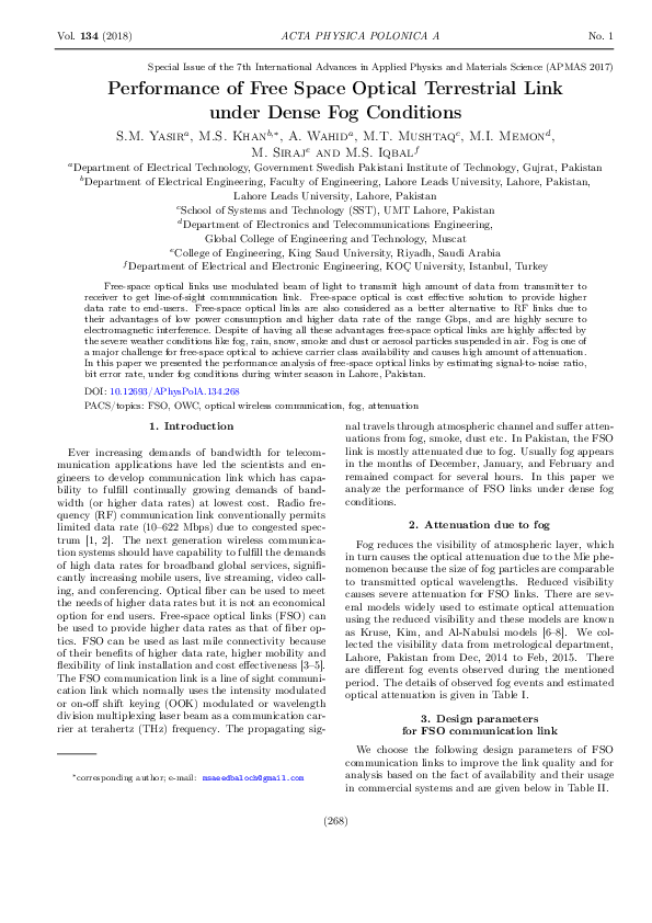 (PDF) Performance of Free Space Optical Terrestrial Link under Dense ...