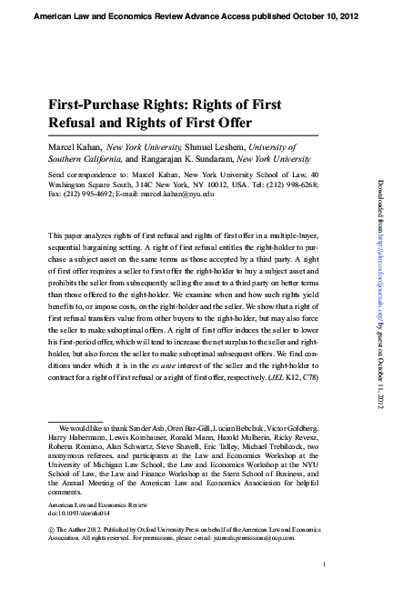 (PDF) First-Purchase Rights: Rights of First Refusal and Rights of ...